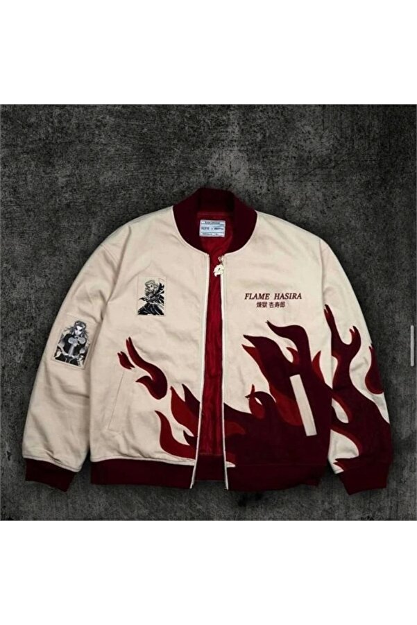 1blood Unisex Beige Bomber Jacket - Anime Flame Hashira Kyojuro Rengoku ...