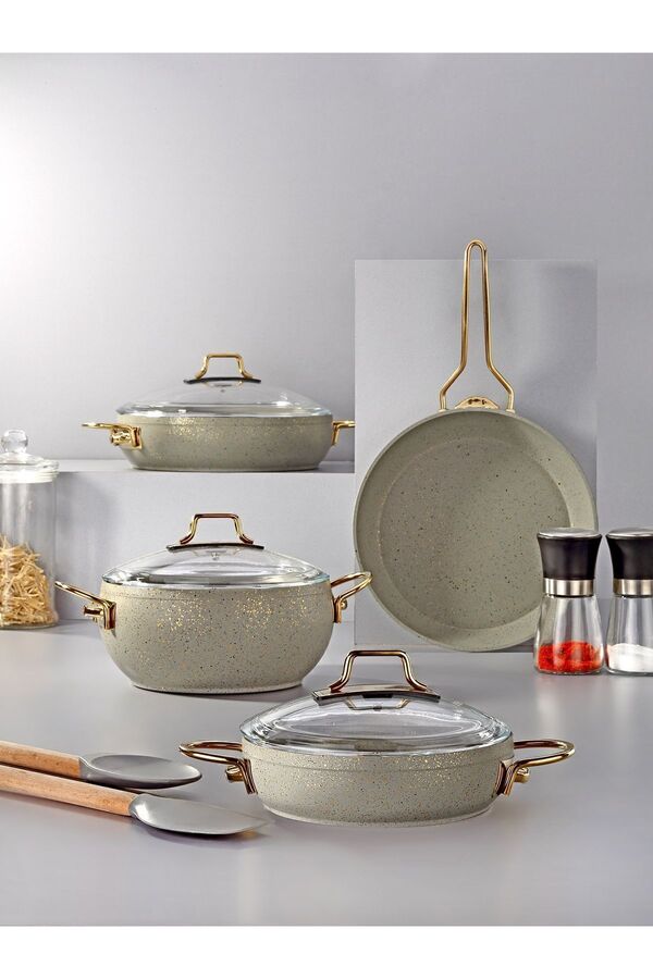 Bonera Marbella Nardo Gray 7 Piece Set - Gold Handle Detailed Granite ...