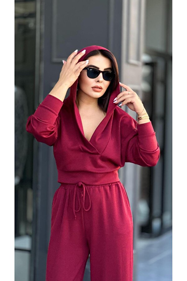 Oslove Claret Red Modal Texture Set s kapucí - Trendyol