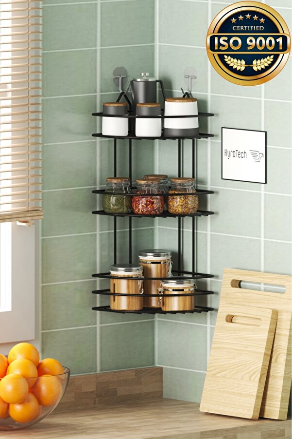 Kyrotech 3-Tier Black Adhesive Stainless Corner Spice Rack Coffee ...
