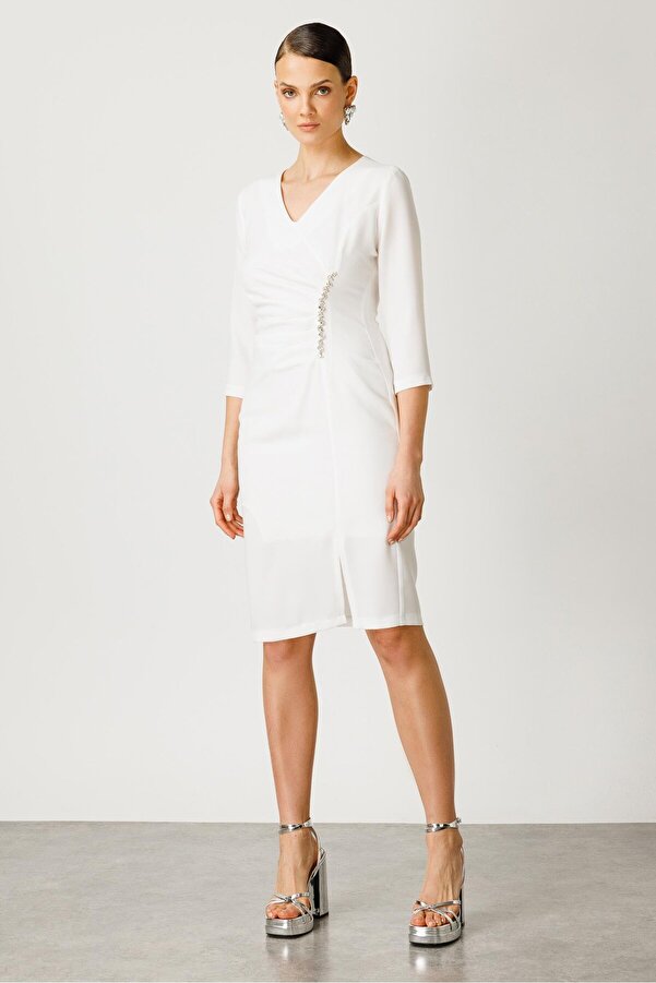 Moda İlgi Modailgi Stone Detailed Slit Midi Dress Ecru- Trendyol