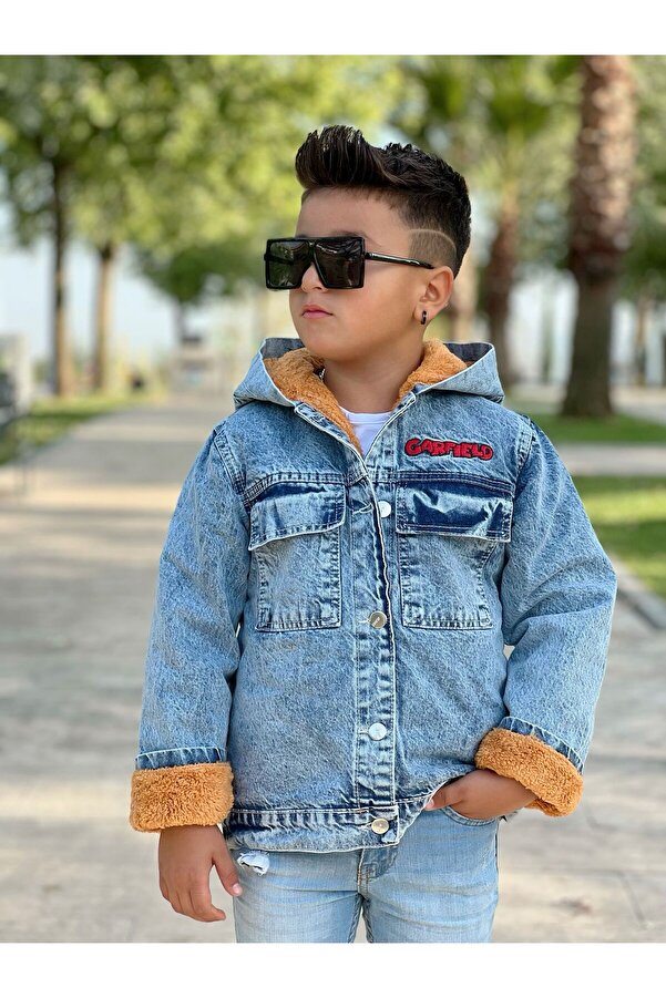 DUDOR KİDS Boy's Hooded Wellsoft Garfield Thick Denim Coat - Trendyol