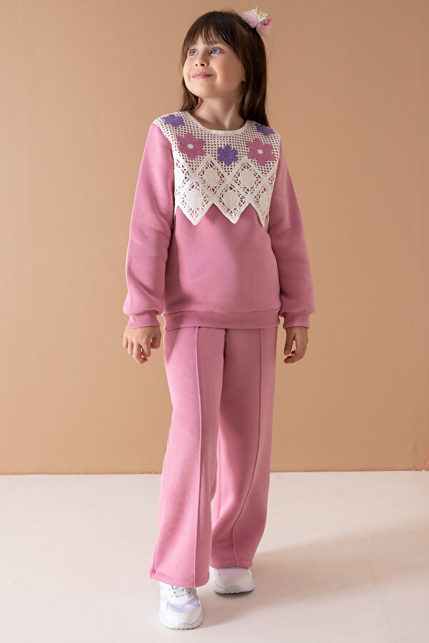 Cansın Mini Pink Lace Front Detailed Raised Girl's Tracksuit Set 19701 ...