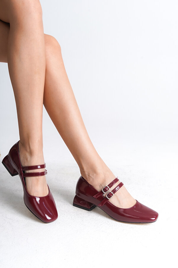 CALZENNE Women's Claret Red Patent Leather Mary Jane Closed Back Double ...