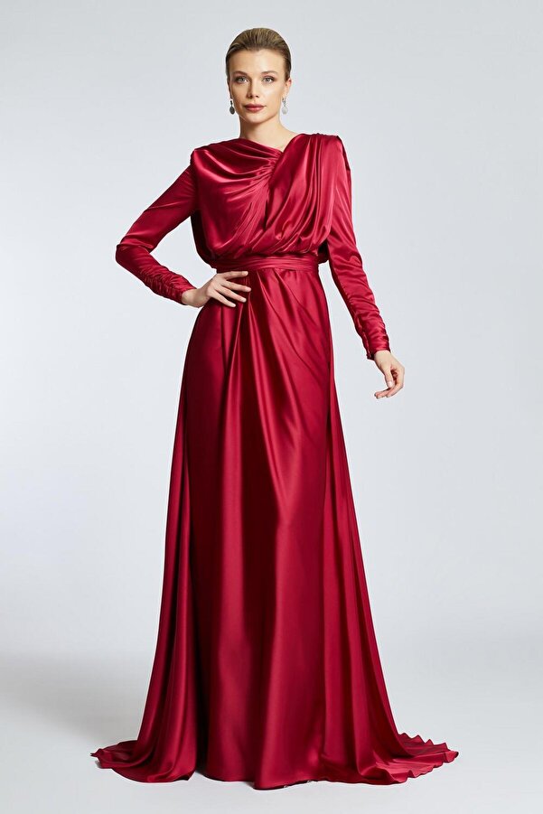 Kenzel Satin Hijab Dress, Chest Draped, Long Sleeve - 2111 - Trendyol