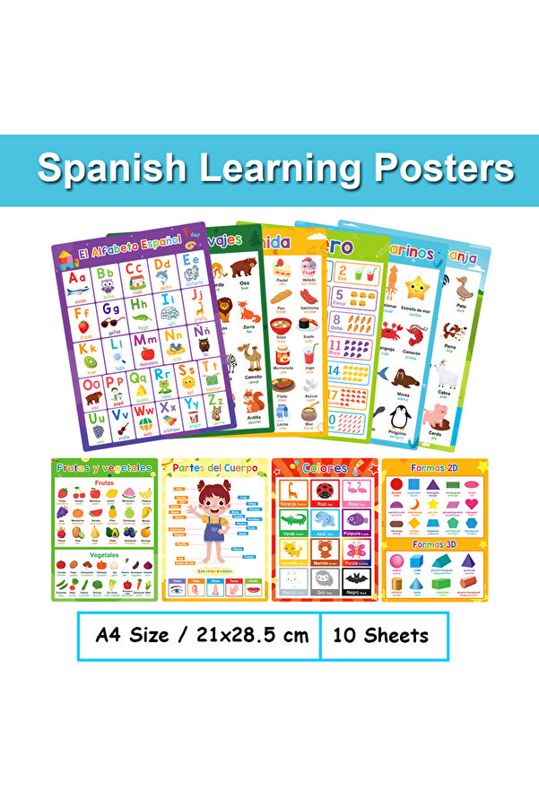 GSF Spanish English Bilingual Words Learning A4 Posters Charts for Kids ...