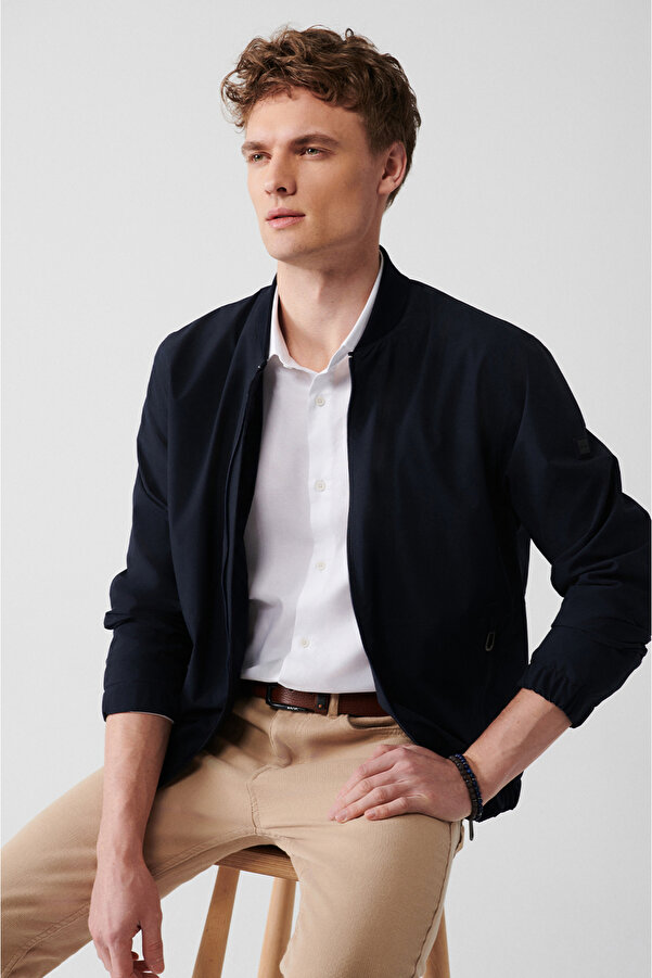 Avva Men's Navy Blue Water Repellent Ribbed Light Thin Coat B 006001 ...
