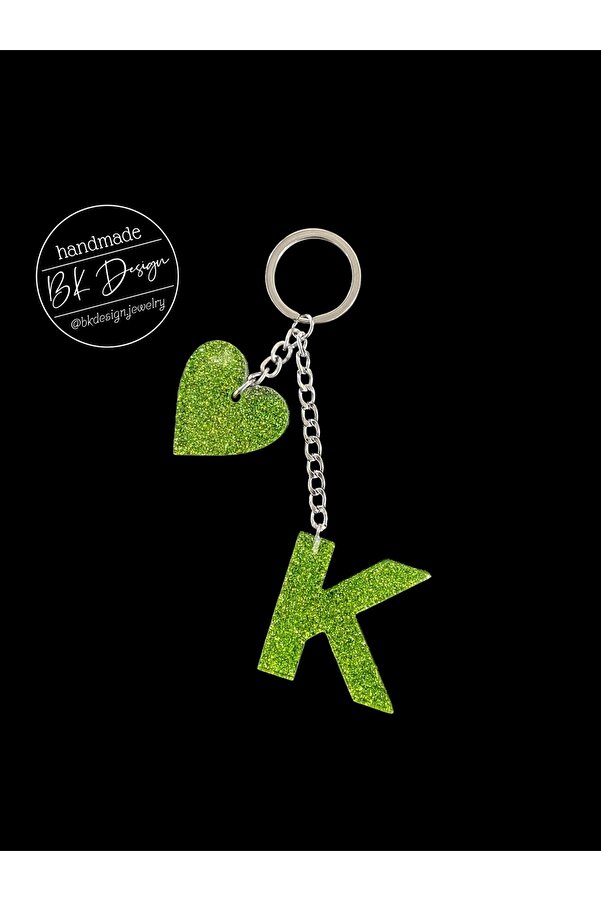 BK Design Green Glitter Heart Detailed Epoxy Keychain with Letter K ...