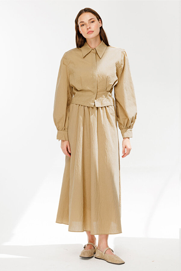 Hooopstore Pleat Detailed Skirted Mink Suit - Trendyol
