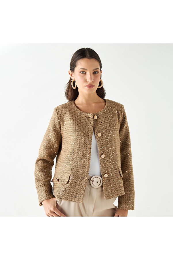 Iconic All-Over Embellished Button Through Jacket with Long Sleeves ...