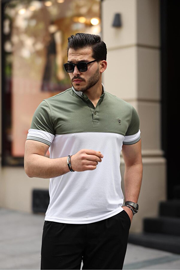 Miron Polo Collar Khaki White Short Sleeve T-Shirt - Kagi Ston Piece ...