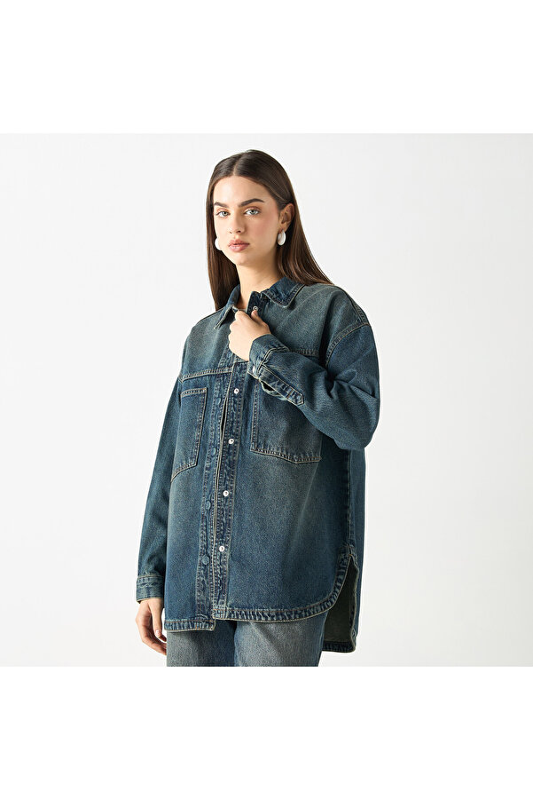 Lee Cooper Solid Denim Shirt with Long Sleeves and Pockets - Trendyol