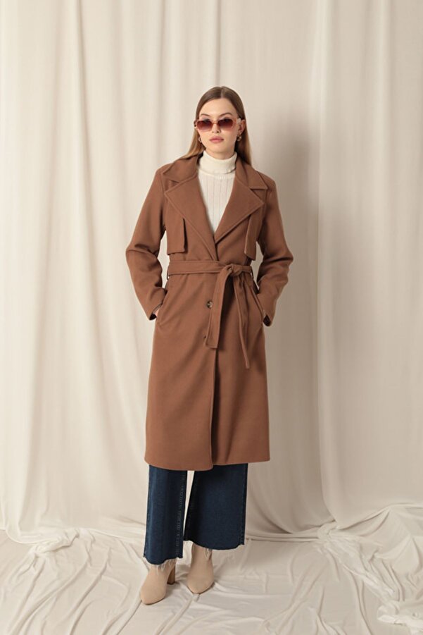 TKLC Women's Tan Coat with Stamp Fabric Allers - Trendyol