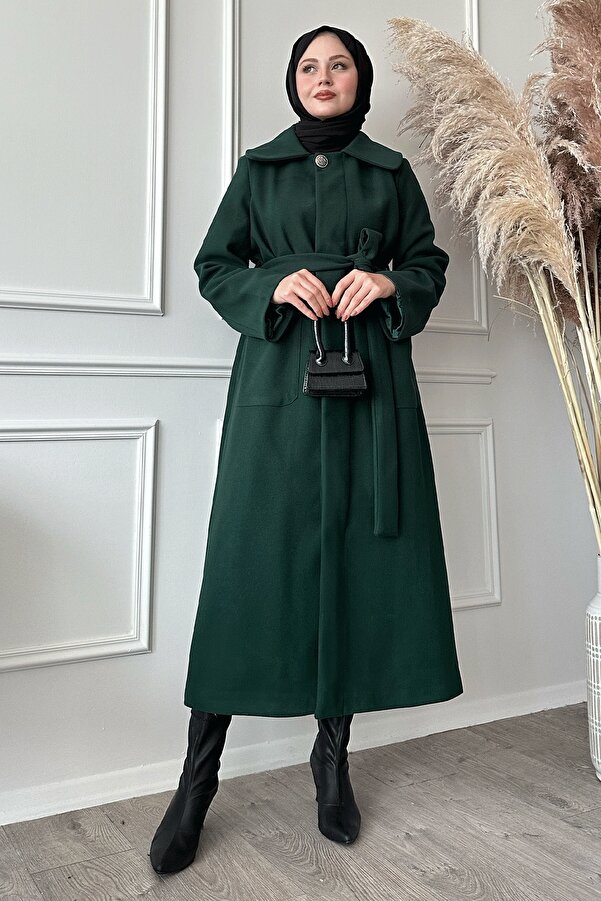 InStyle Belted Hidden Placket Emerald Green Coat- Trendyol