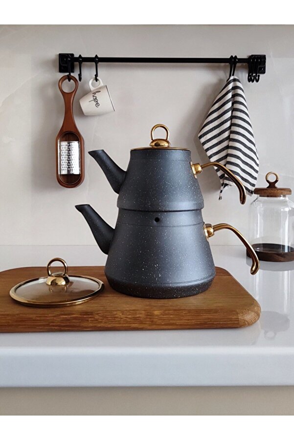 PORLİSMA Amara Gold Handle Granite Teapot Set - Double Lid, Gray - Trendyol