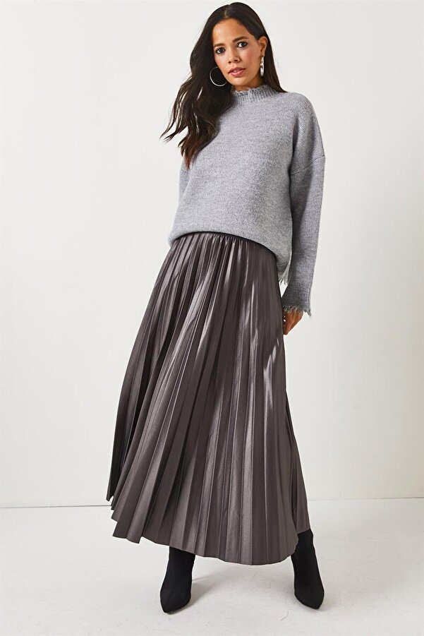 Olalook Anthracite Leather Look Pleated Bell Skirt ETK-19000233- Trendyol