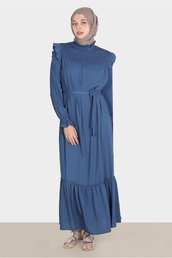 Alvina Aerobin Dress - Ruffled Shoulders and Belted, Model 42720 - Trendyol