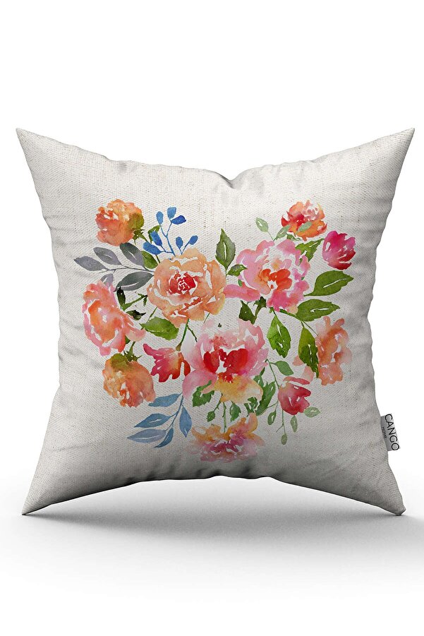 Cango Home Модел Cgh1006 Кремава калъфка за възглавница с щамповано сърце с флорални шарки- Trendyol