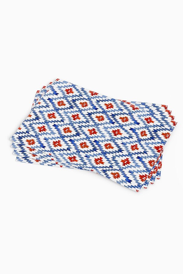 Cango Home Комплект от 4 подложки за хранене с дигитален печат, синьо и бяло, с етнически ...