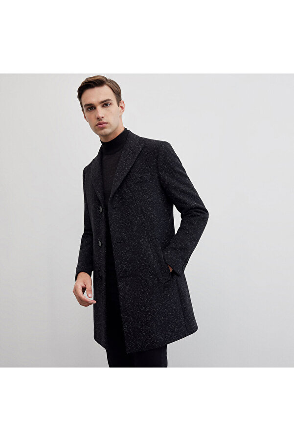 Sarar Interview Woven Fabric with Scarl Collar Wool Spoon Navy Blue ...