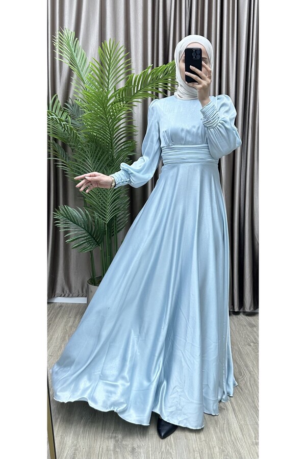 MERA outlet Satin Evening Dress with Waist Detail - Trendyol