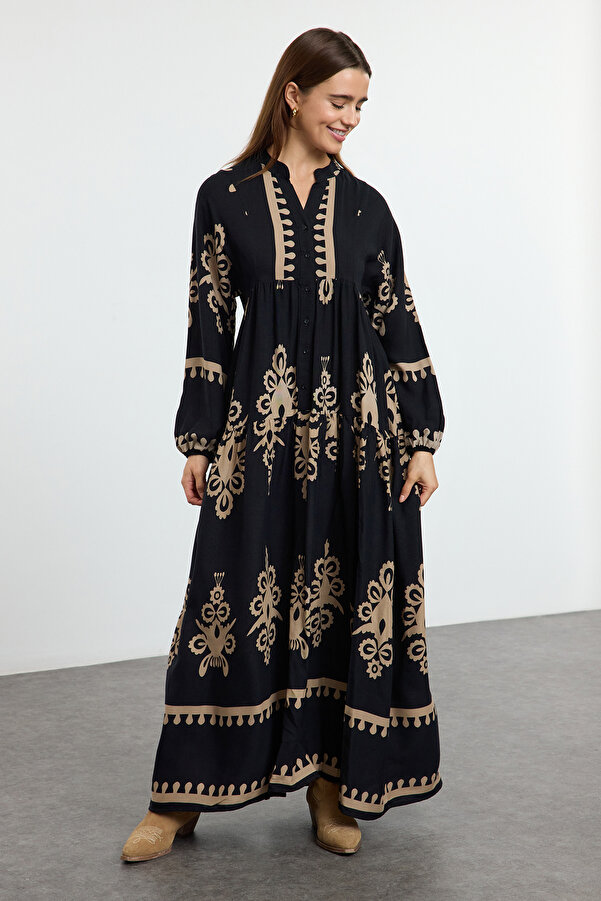 Trendyol Modest Black Authentic Patterned Viscose Woven Dress ...