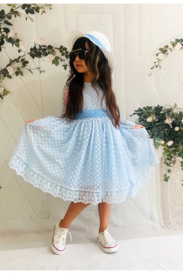 Mixie Blue Princess Model Girl's Dress with Hat, Laced, - Trendyol