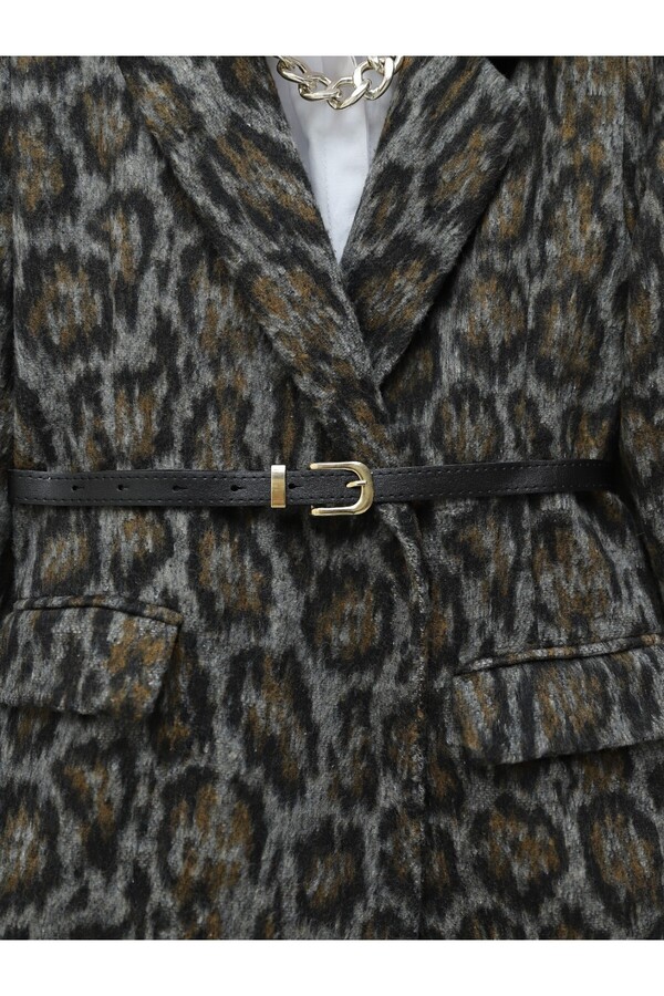 Modamorfo Pocket Detailed Belted Leopard Pattern Jacket - Trendyol