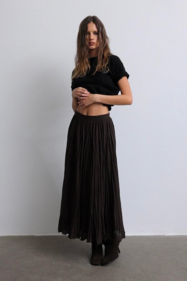 Suud Collection Bitter Brown Donette Pleated Skirt- Trendyol