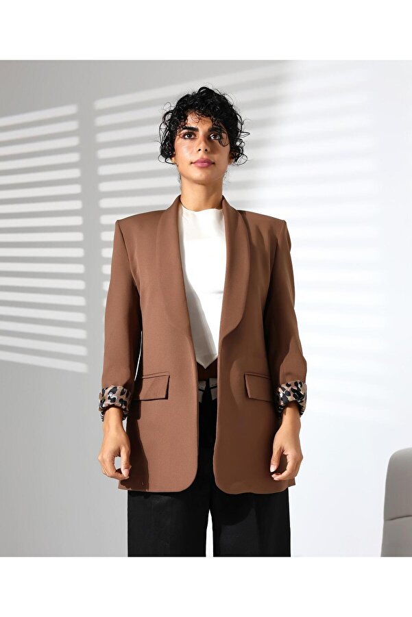 aytenli Oversize Double Leopard Lined Buttonless Pocket Long Blazer ...