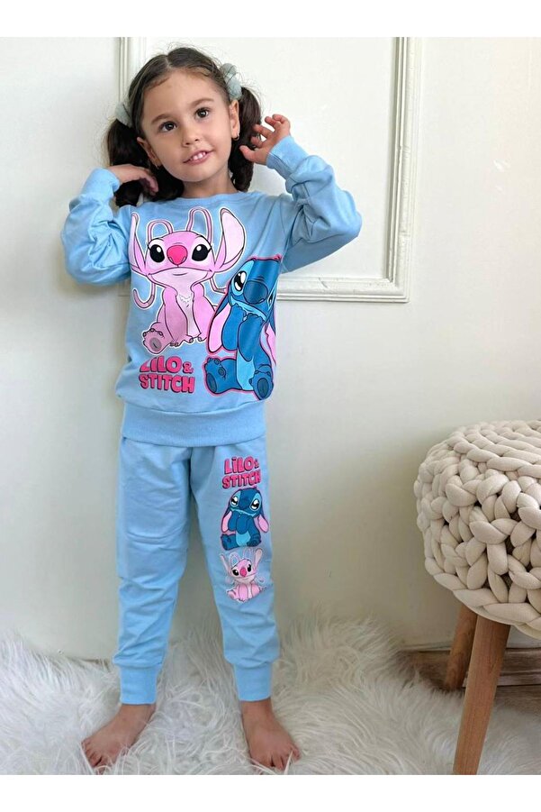 yagmurgiyim Lilo Stitch Patterned Blue Tracksuit Set for Girls - 100% ...