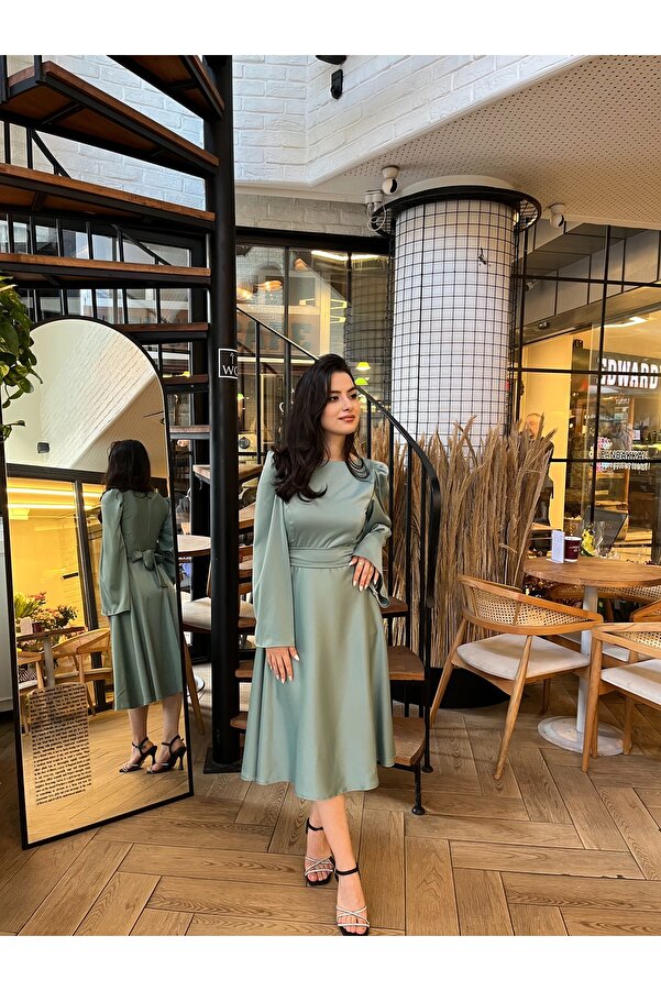 Sheeny Elara Water Green Flared Hem Sleeves Long Satin Dress - Trendyol