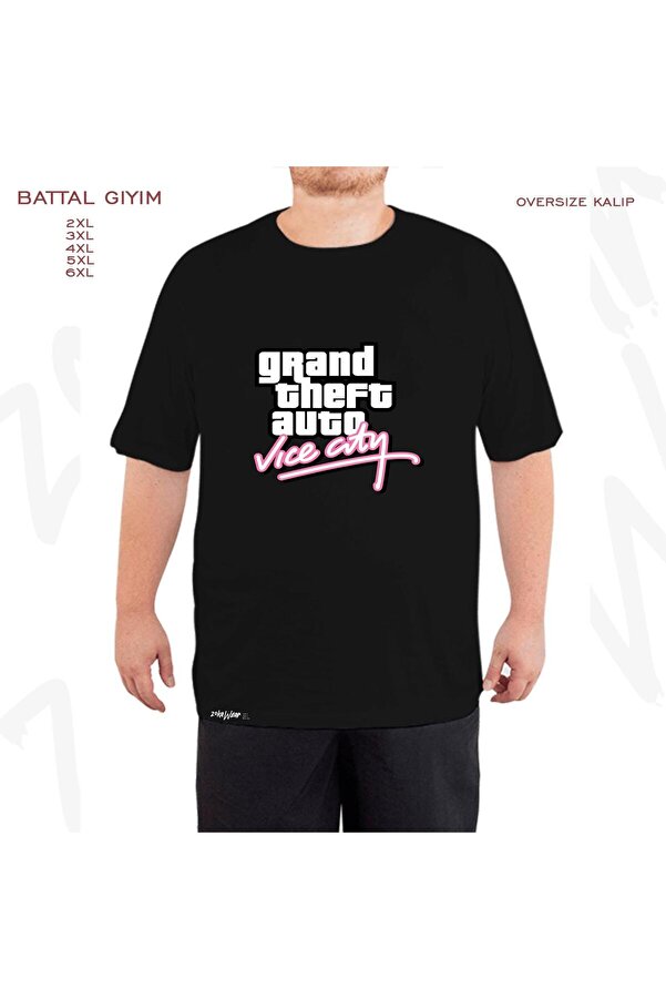 ZOKAWEAR Голяма черна тениска с щампа Gta Vice City Nostalgia- Trendyol