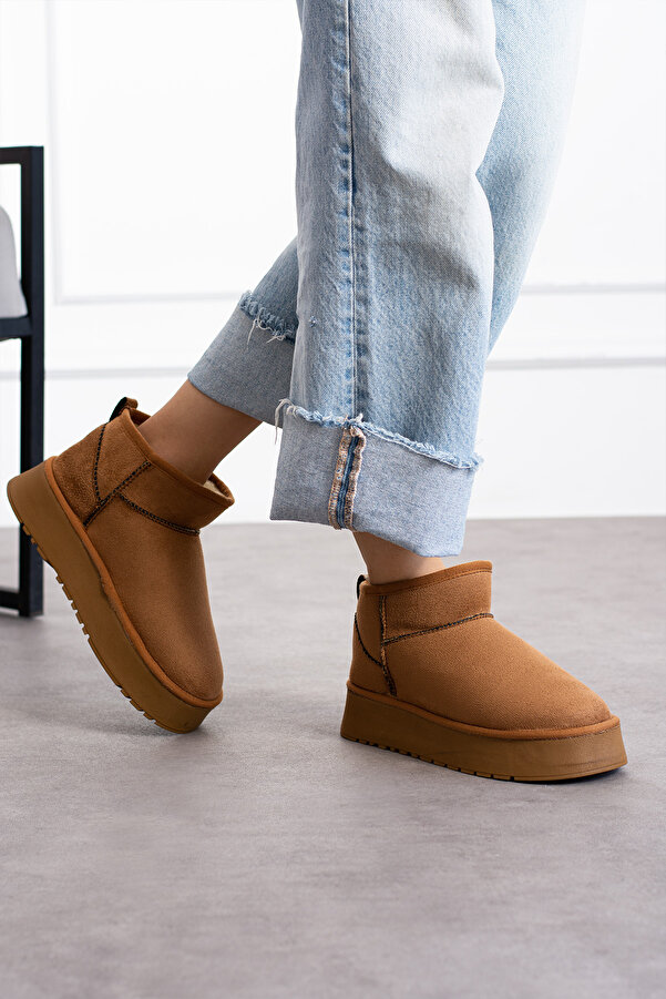 SOLDOY Tan Mini Suede Winter Boots - Fur Inside, High Thick Sole ...