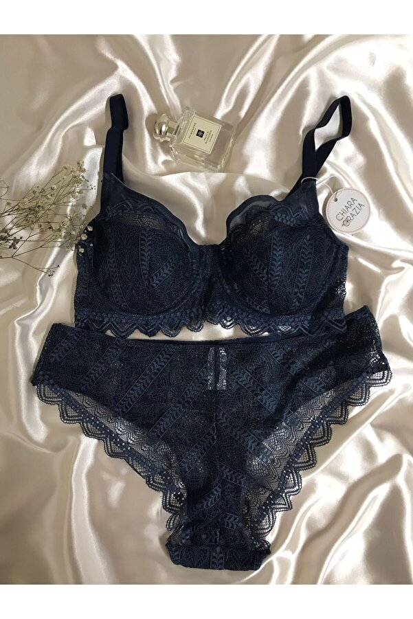 chiara grazia Blue Lace Bra with Half Padded Support - Trendyol