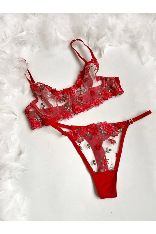 Gece İncisi Red Floral Embroidered Bra Set - Trendyol