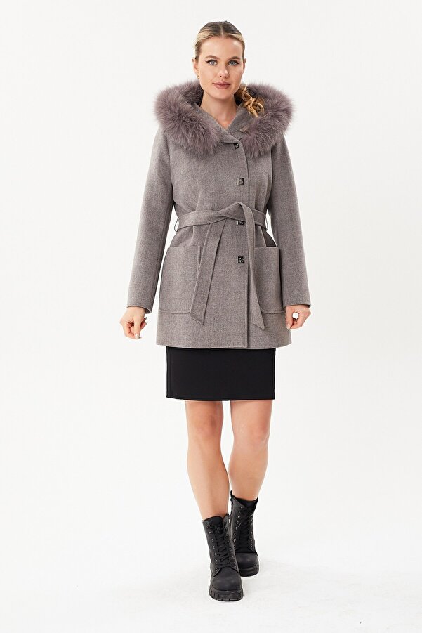 AGSPARK Furry Hood Accessory Button Detailed Waist Tie down Coat-4464 ...