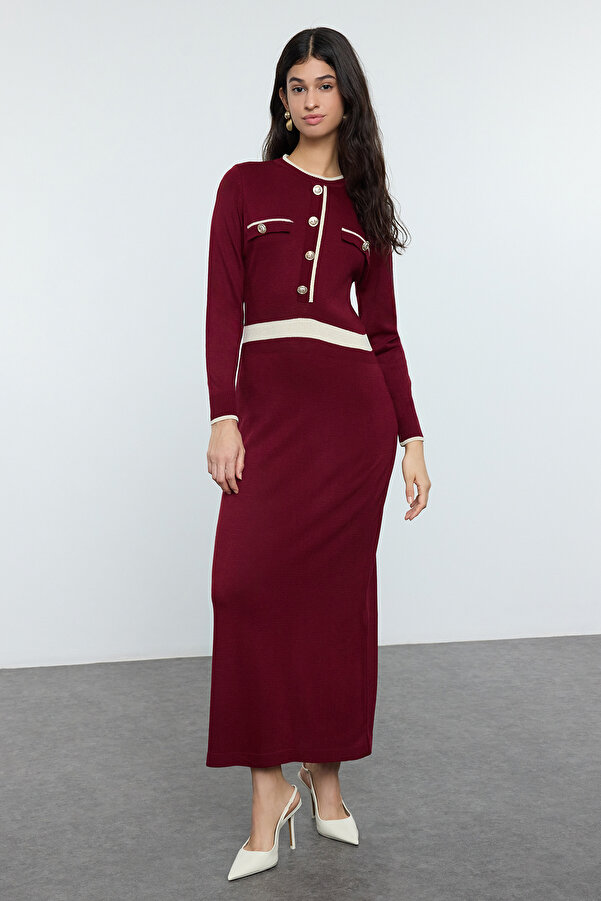 TRENDYOL MODEST Burgundy Ribbed Buttoned Knitwear Dress Tctaw25Eb00042 ...