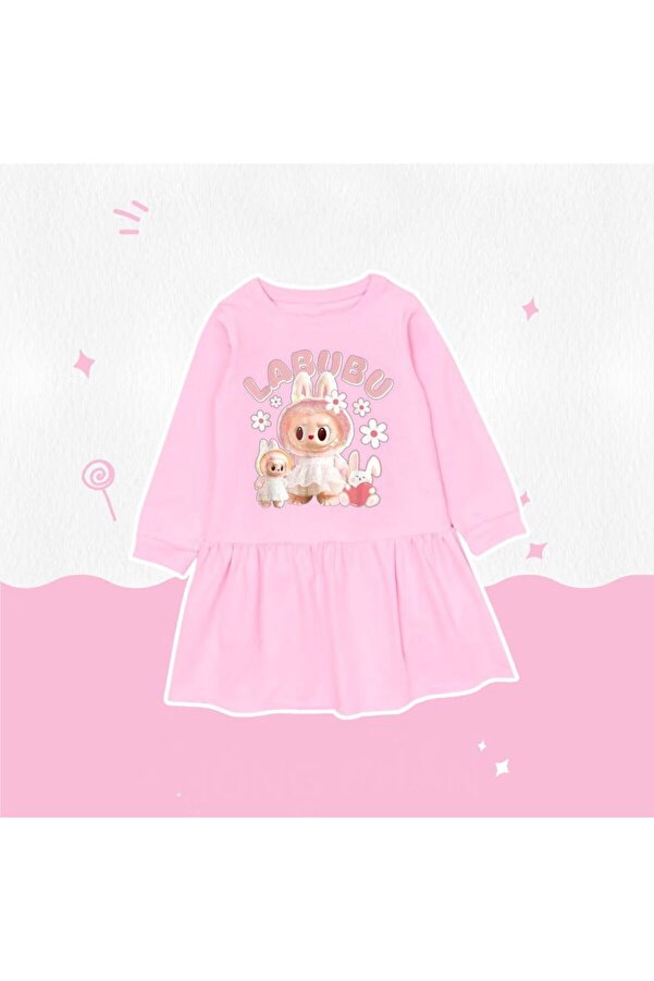 melek golden Labubu Girls Pink Long Sleeve Ruffle Dress- Trendyol