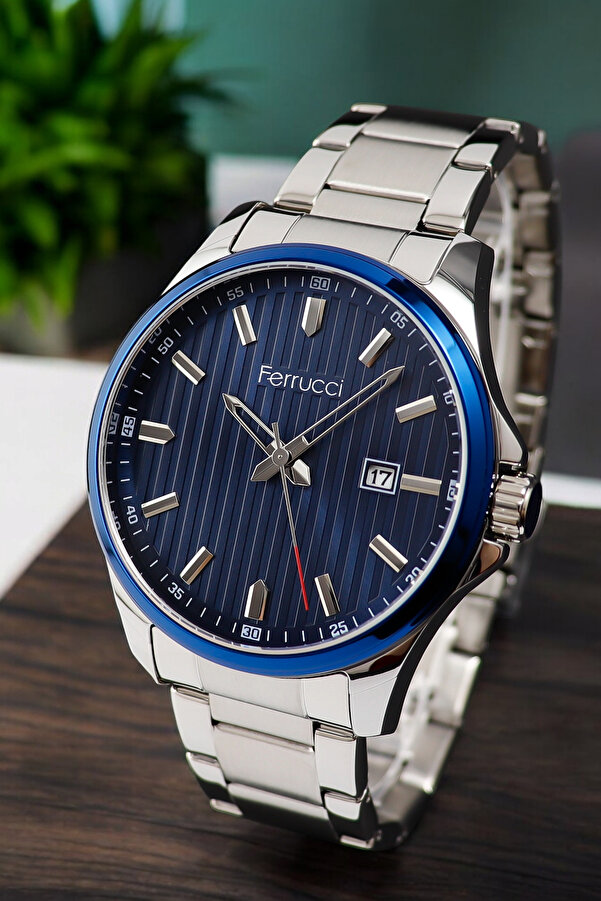 Ferrucci Blue Navy Blue Silver Calendar Men's Wristwatch 190016 - Trendyol
