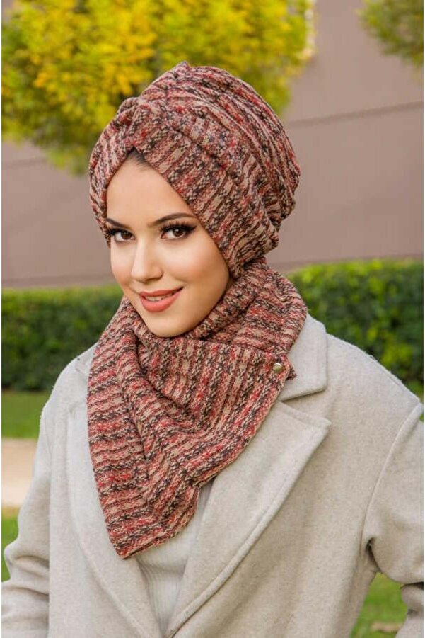 Aişe Tesettür Taba Knitwear Winter Twisted Bonnet and Etol Set - Trendyol