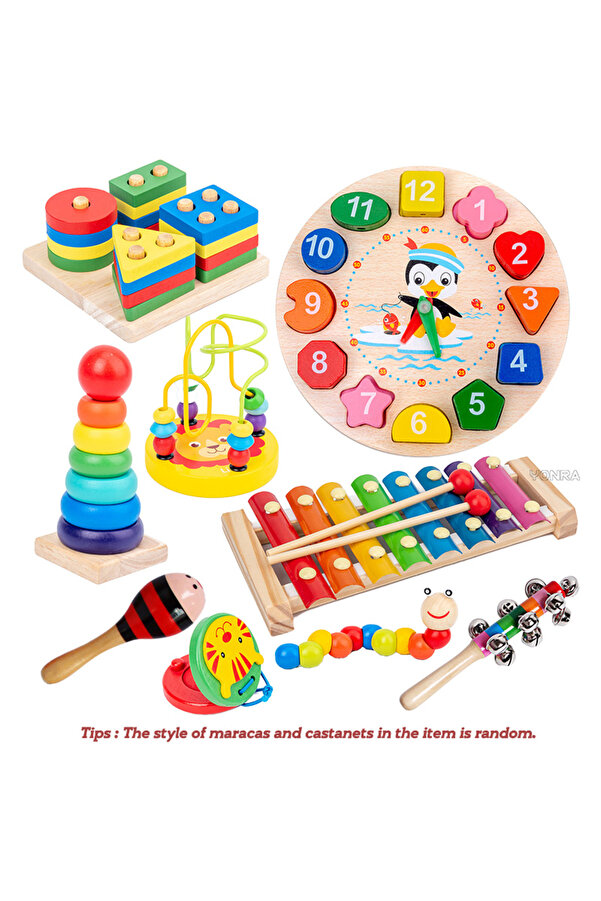 Choice 9 in 1 Wooden Montessori Toys Rattle Bell Drum Column Set ...