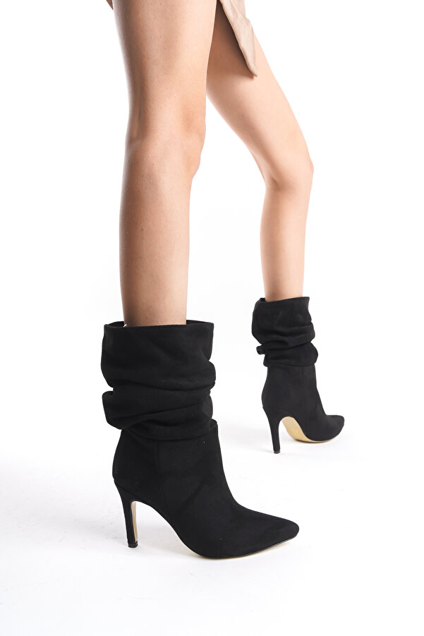 Moje Shoes High School Black Suede Short Pull-Out Bellows Cowboy Boots ...