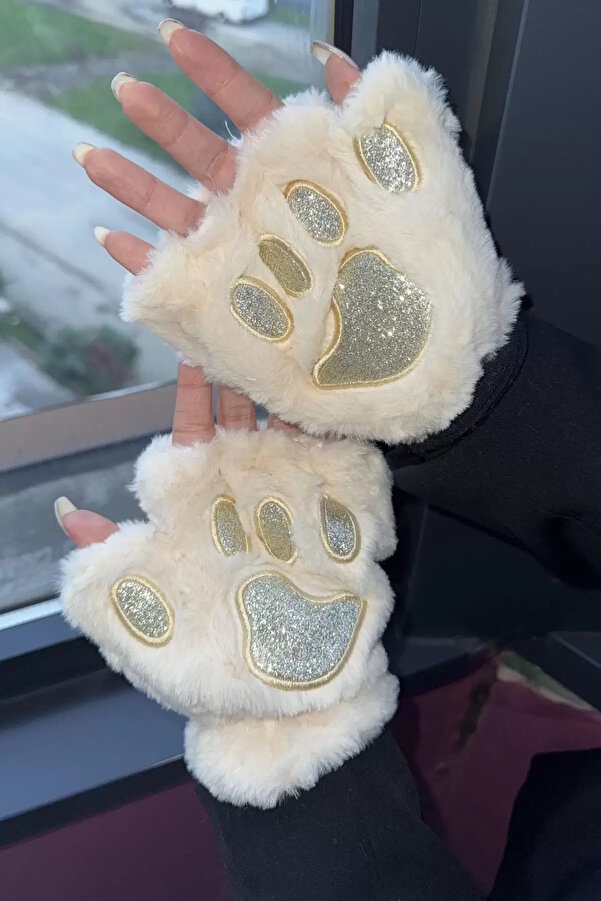 CAŞ DEKORASYON Cream Color Plush Gloves with Paw Figure - Trendyol