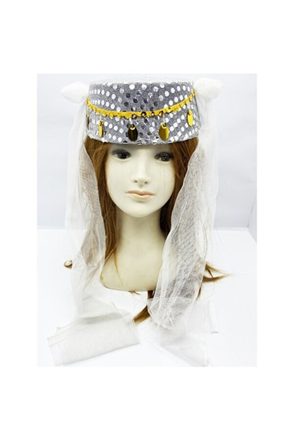 Acousticworld Gold Sequin Embroidered Henna Fesi with White Veil - Trendyol