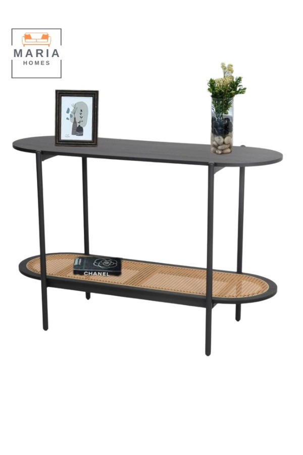 MARIA HOMES Modern Console Table with Wooden Top and Rattan Shelf ...