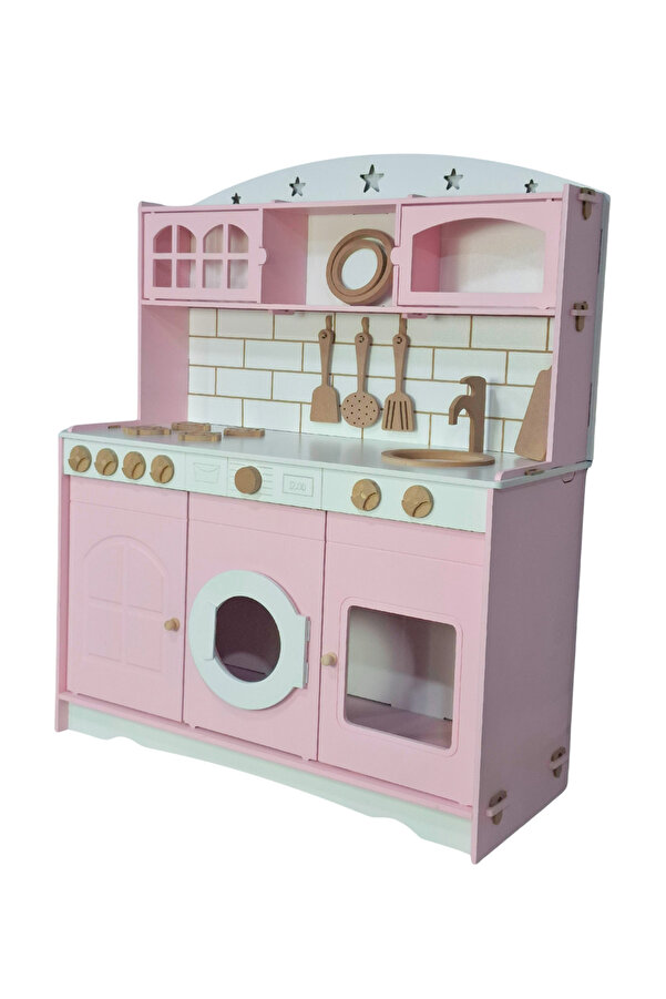 hedefixtoys Little Chef's Pink Wooden Kitchen with 9 Piece Serving Set ...