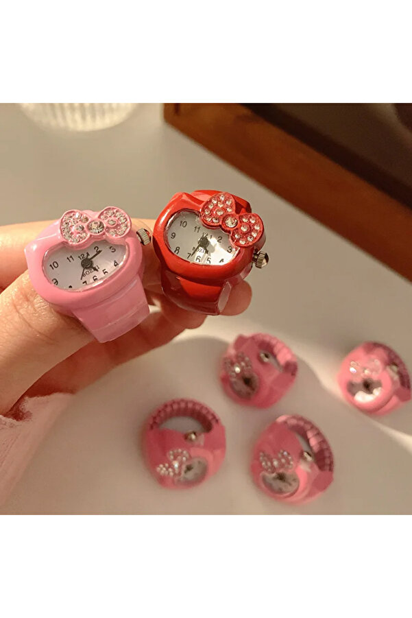 Choice Pink Other Cute Bow Rhinestone Clock Watch Ring Female Niche ...