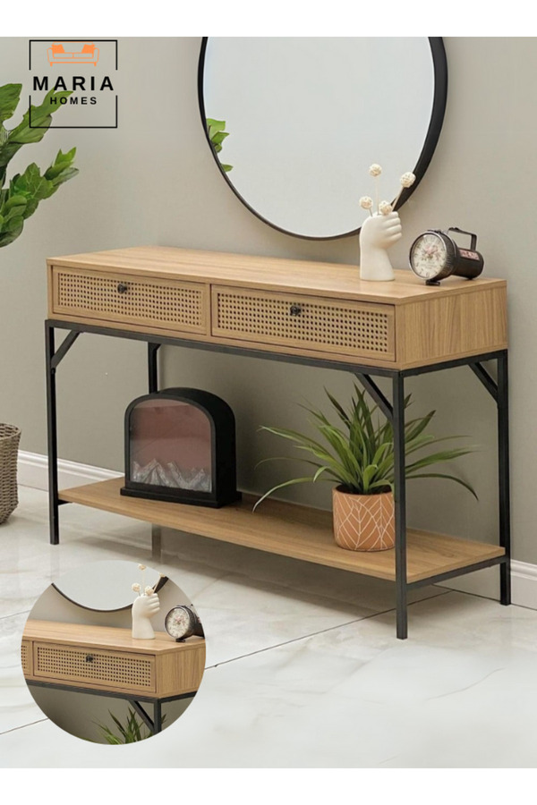 Maria Homes Modern Console Table With Rattan Drawers Walnut Finish And ...