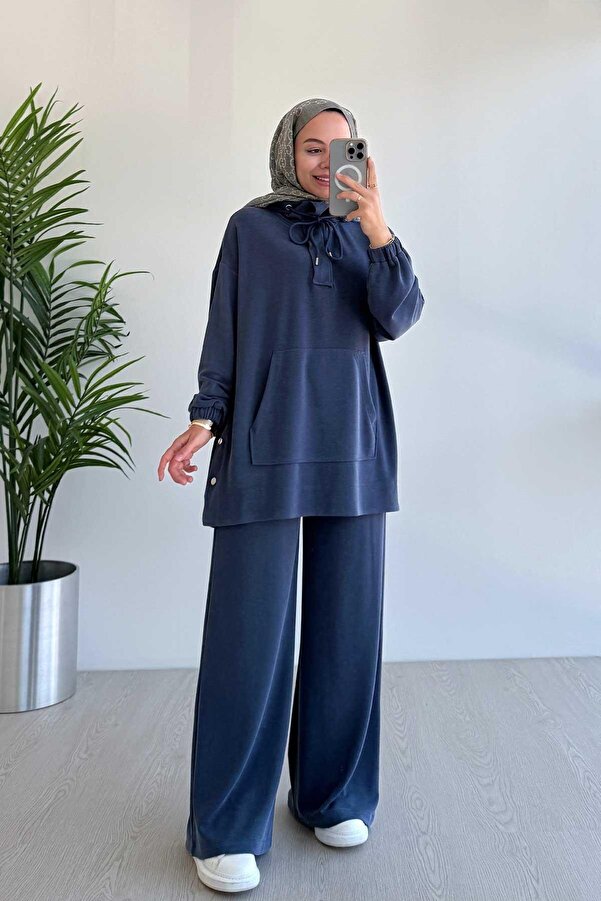 Ka Hijab Σετ διπλό παιχνίδι με τσέπη καγκουρό Navy Blue Side Chip- Trendyol